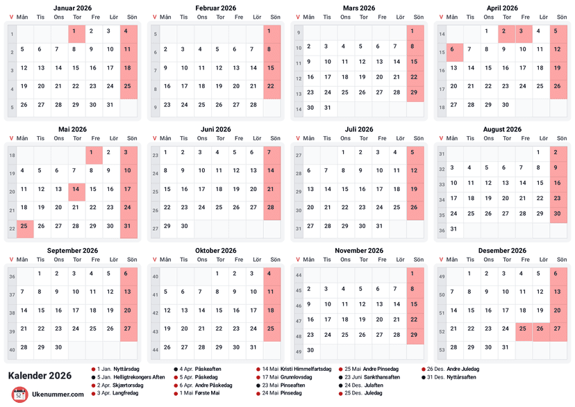 Ukekalender 2026 - Norsk ukekalender med ukenummer | Ukenummer.com