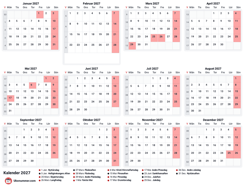 Ukekalender 2027 - Norsk ukekalender med ukenummer | Ukenummer.com